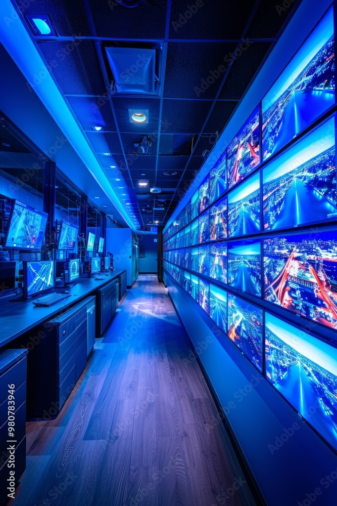 High-tech control room featuring multiple screens displaying cityscape ...