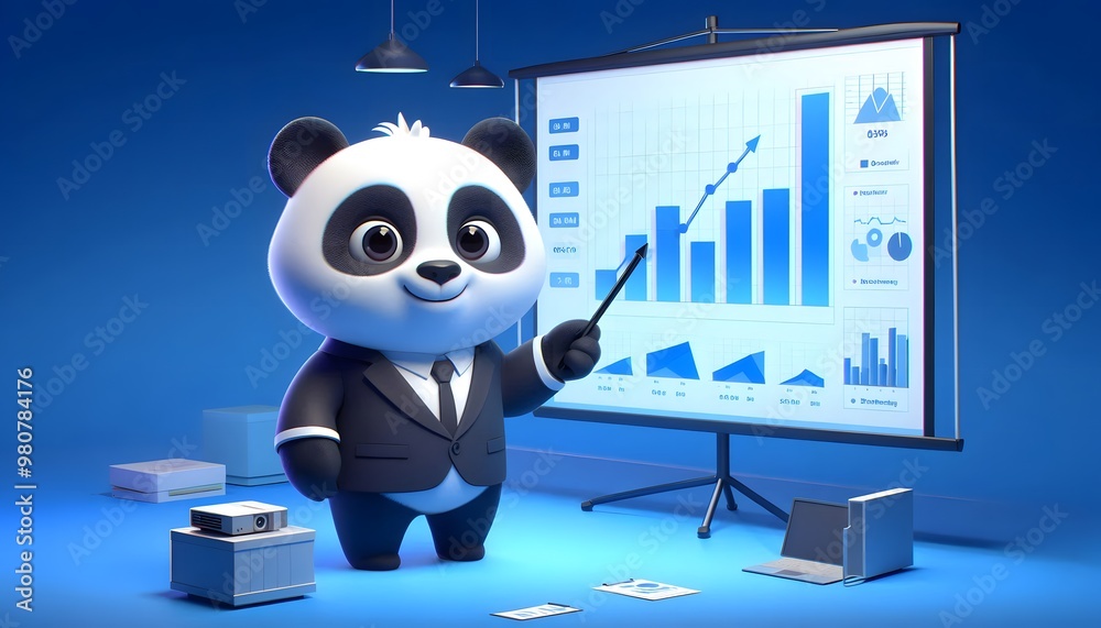 Business Panda Presenting a Bar Graph Analysis, a 3D Young Panda with a ...