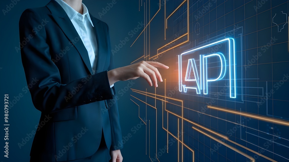 businessman pressing virtual button API, application programming interface. cloud computing ...