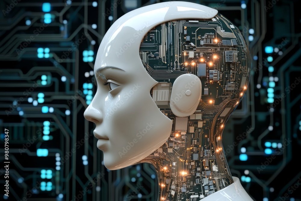 Futuristic humanoid head with embedded circuits and cybernetic brain ...