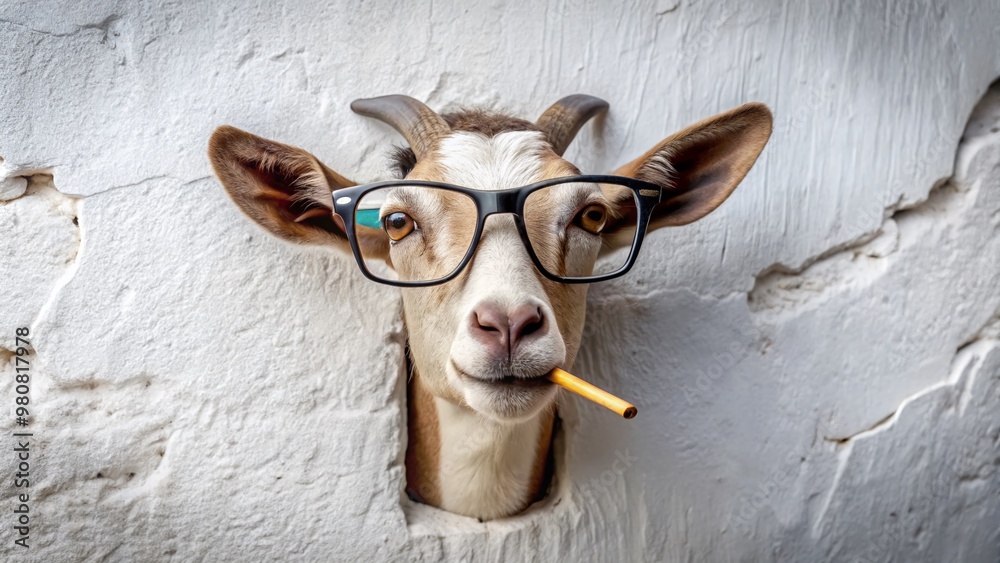 Quirky goat with spectacles and cigarette sticks its head into a hole ...