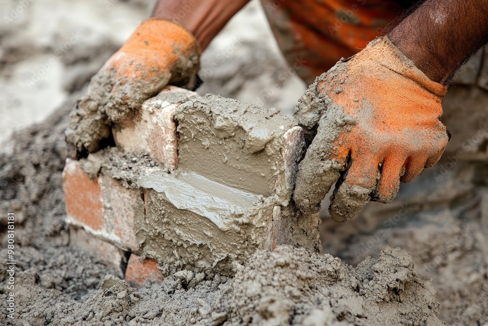 Gloved hands working with mortar. This image shows a construction ...