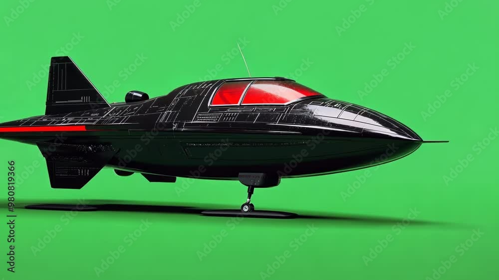 Sleek black futuristic jet fighter with red accents against bright ...