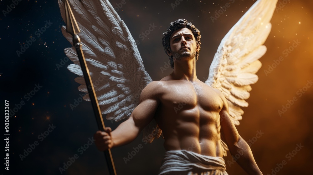 Archangel Mikhael in a dynamic pose with a spear, battling dark forces ...