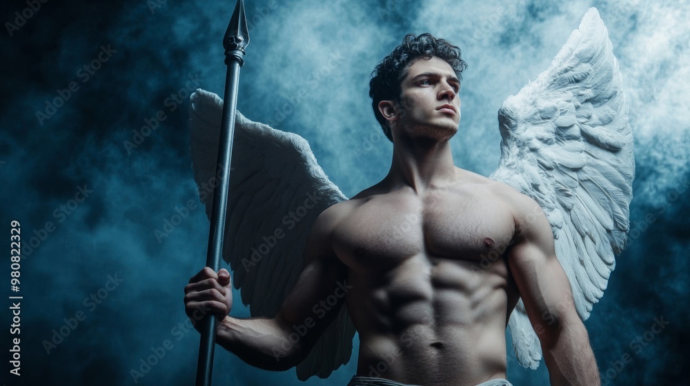 Archangel Mikhael in a dynamic pose with a spear, battling dark forces ...