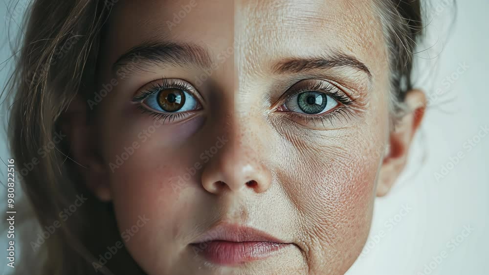 Split-screen portrait comparing young and elderly woman's face ...