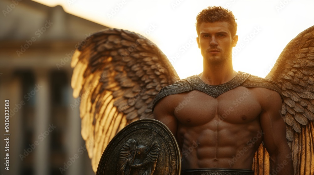 Archangel Mikhael with a shield and sword, standing at the gates of ...