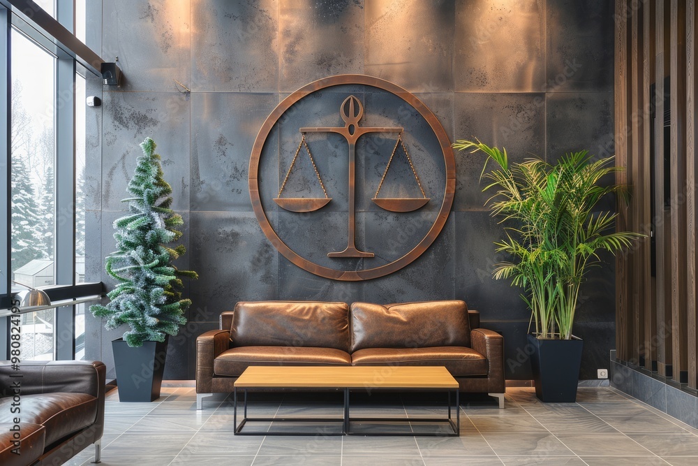 Modern legal office lobby with a prominent scales of justice symbol and ...