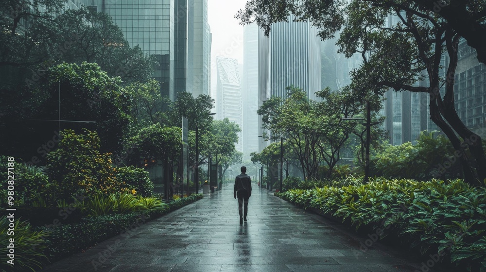 A person walking down a city street lined with concrete and tall ...