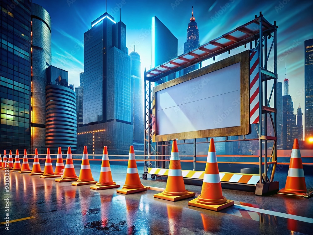 Brightly lit, futuristic-style construction zone with bold orange cones ...