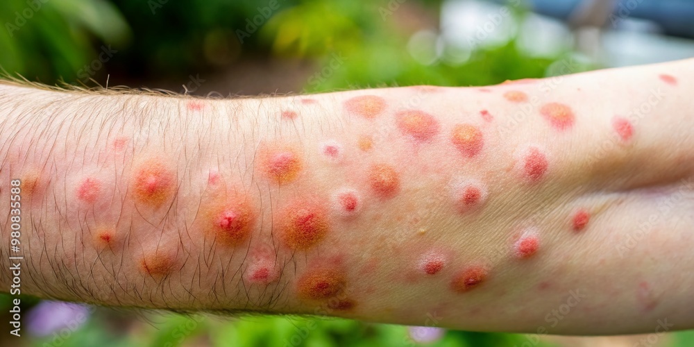 Close-up of a person's arm showing a prominent dengue fever skin rash ...