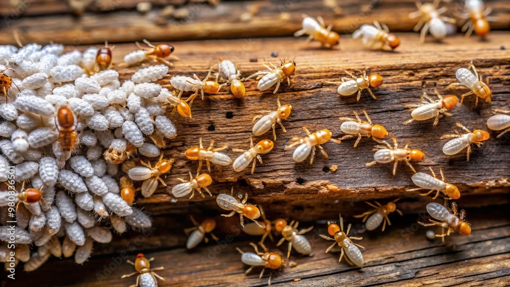 Close-up of a termite colony infesting a decaying wooden plank, with ...