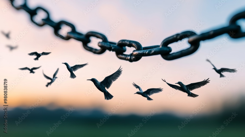 Symbolic broken chains transforming into a flock of birds flying free ...