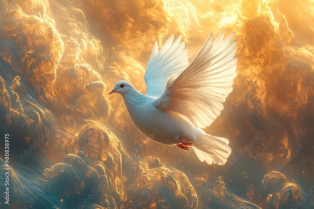 ethereal white dove in flight against swirling cosmic background rays ...