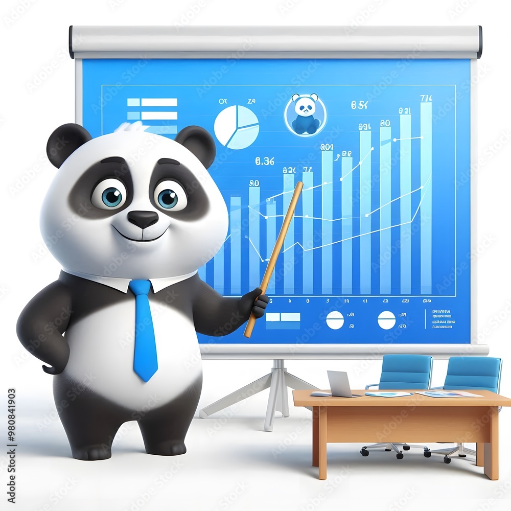 Business Panda Presenting a Bar Graph Analysis, a 3D Young Panda with a ...
