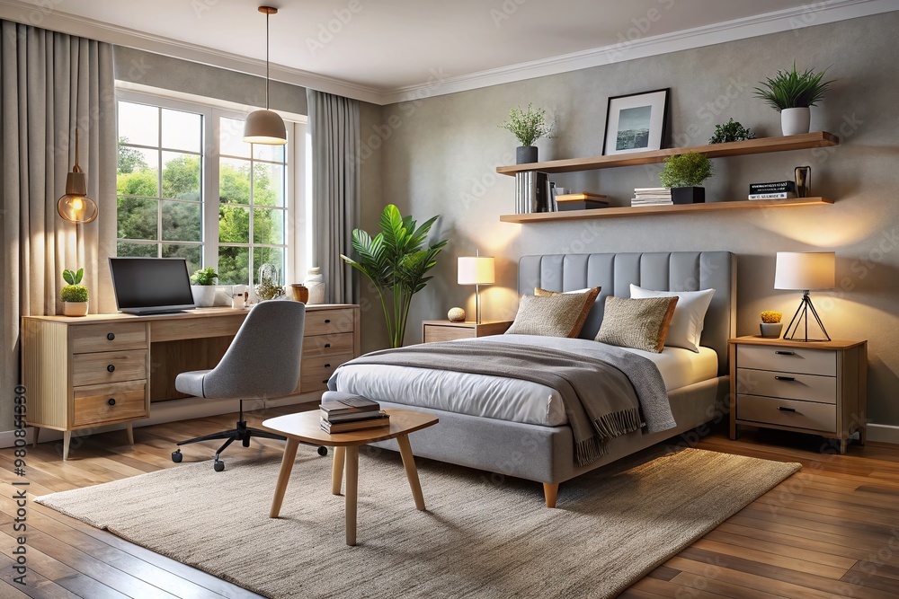 Cozy bedroom setup with modern furniture, including a plush bed ...