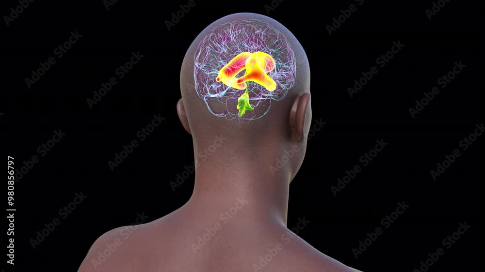 3D animation showing enlarged lateral ventricles of the brain ...