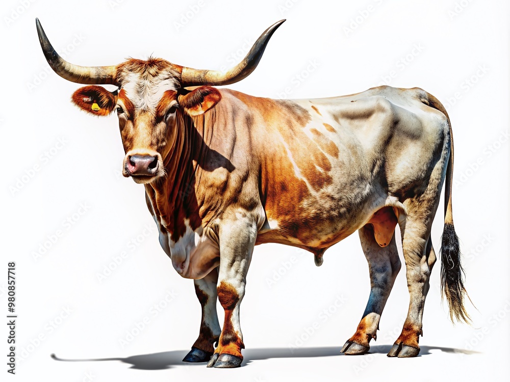 Isolated high-contrast image of a beautiful cow with horns standing in ...