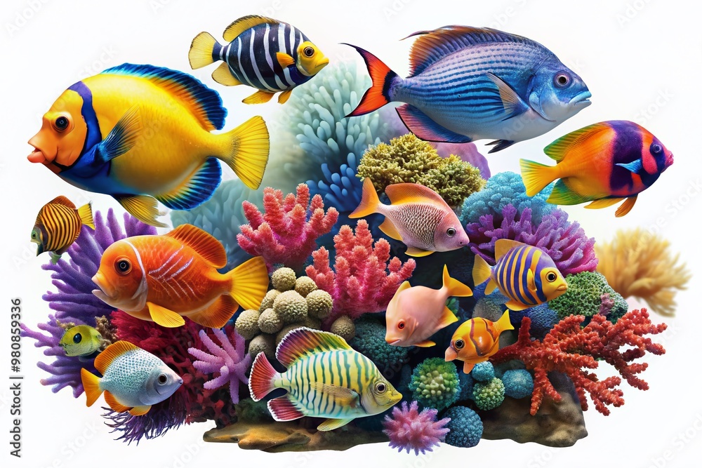 Vibrant tropical fish in various shapes and sizes swim together in ...