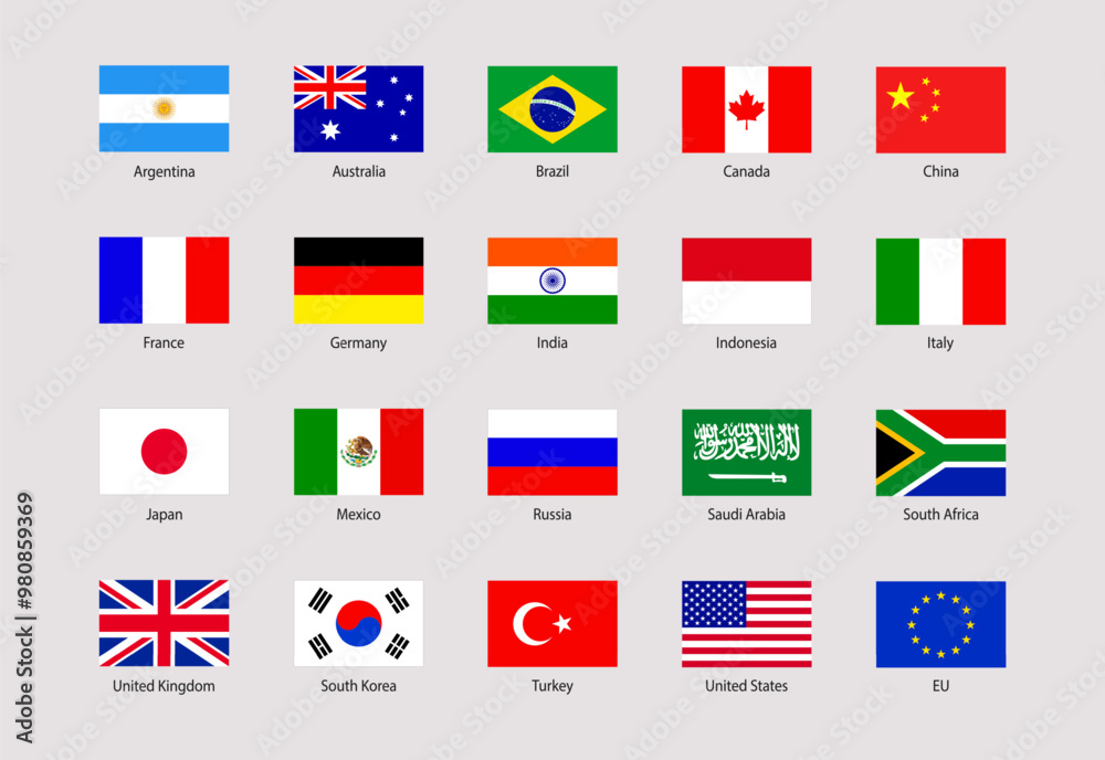 G20 flag vector illustration. USA ,Canada, France, Germany, Italy ...