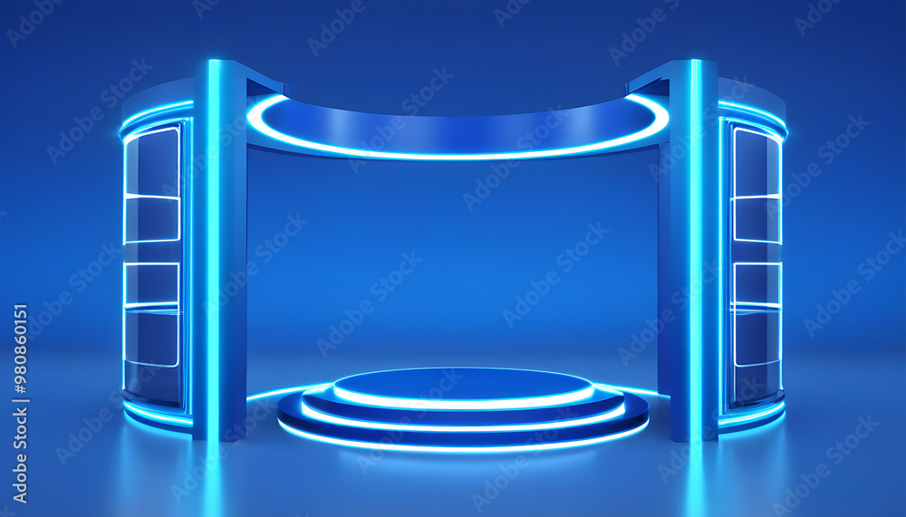 Future tech showcase, design of blue circular glowing display platform ...