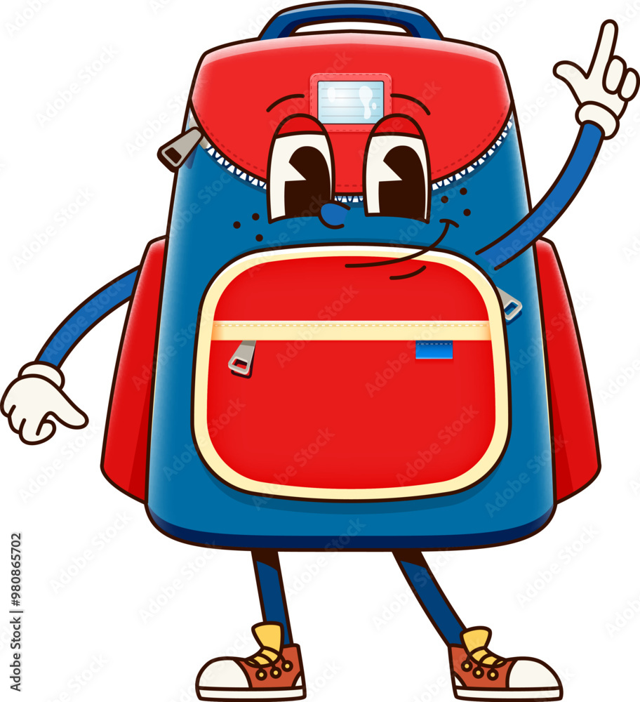 Vetor de School backpack groovy character. Isolated cartoon vector ...