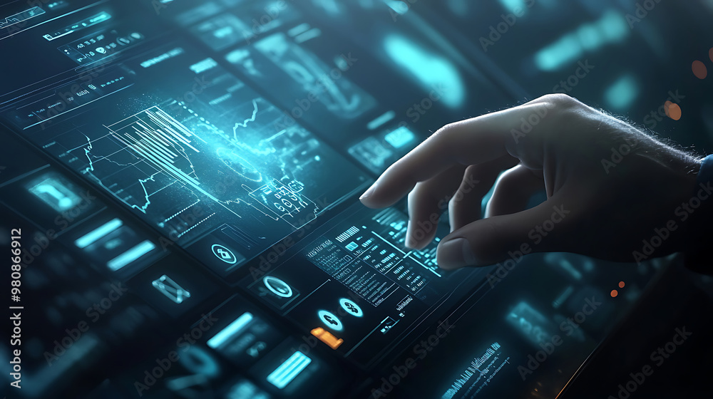 Business professional using a futuristic touchscreen interface to ...