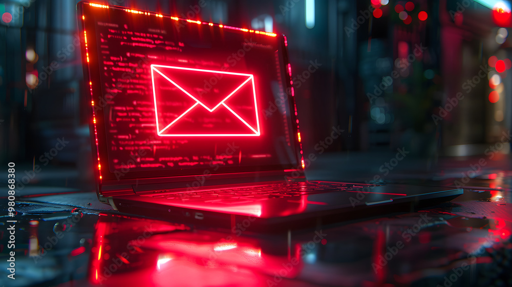 ภาพประกอบสต็อก Phishing Awareness: laptop show red email inbox with a ...