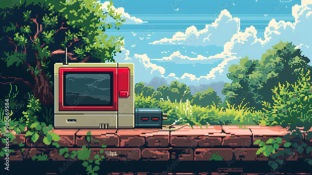 Pixel art game background with button level up. Game design concept in ...