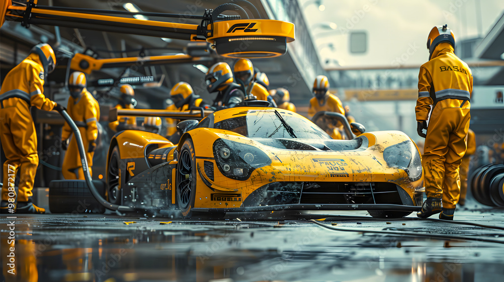 Professional pit crew ready for action as their team's race car arrives in the pit lane during a ...