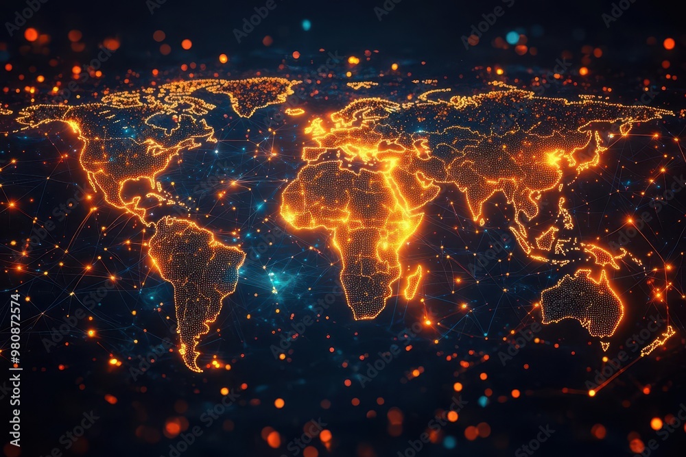 interconnected world map glowing network lines link countries on dark background futuristic ...