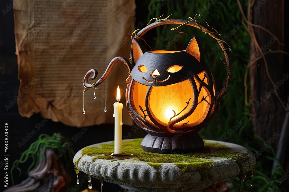 A whimsical, mystical Dark Jack o' Cat Lantern sits atop a moss-covered ...