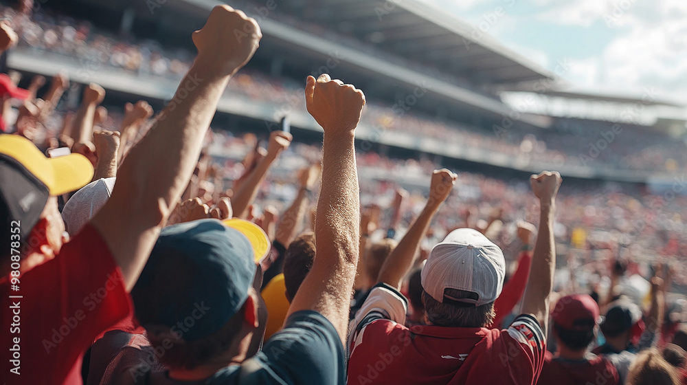 F1 fans cheering up racers during Gran prix. Sports fans lift the ...