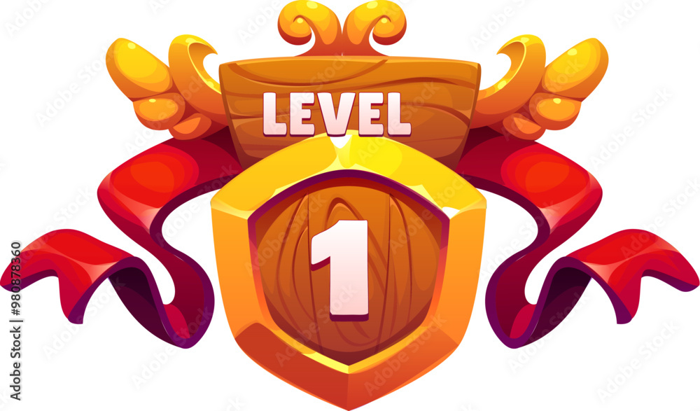 Game level up badge icon of victory rank shield for GUI interface popup ...