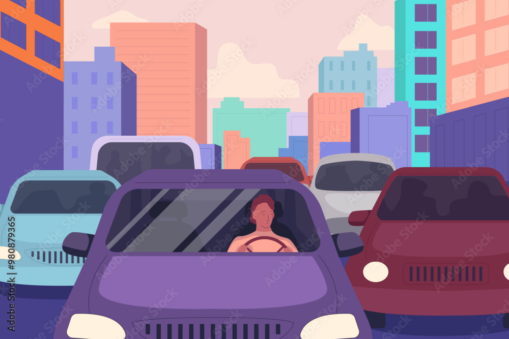 Cartoon Color Cars with People Stuck in Traffic Concept Flat Design ...