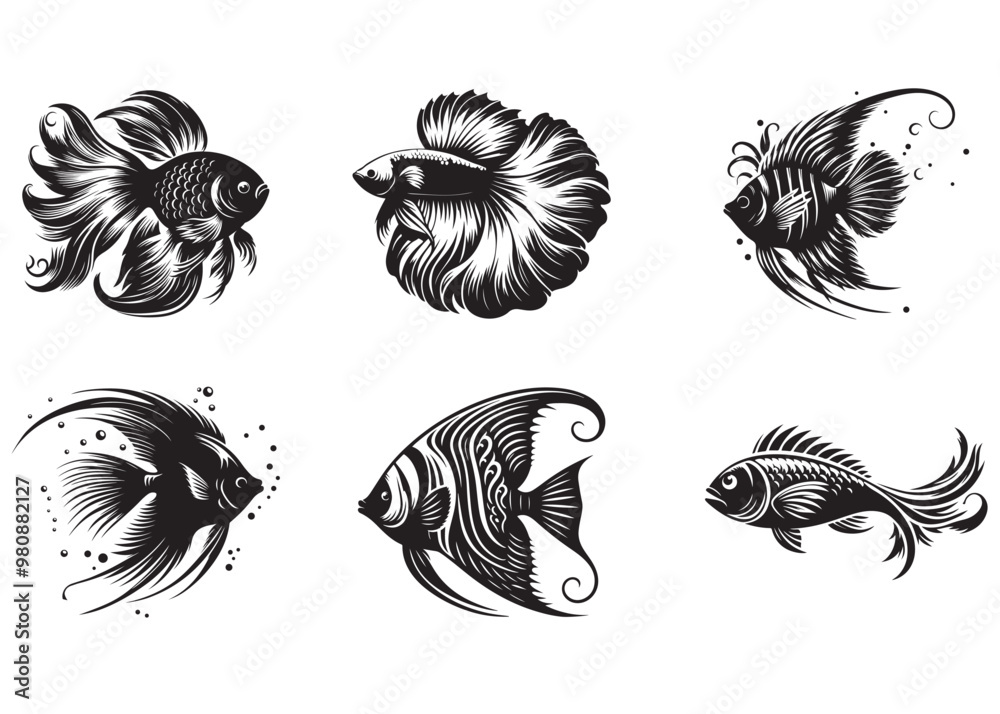 fish silhouette vector illustration, different types of fish vector art ...