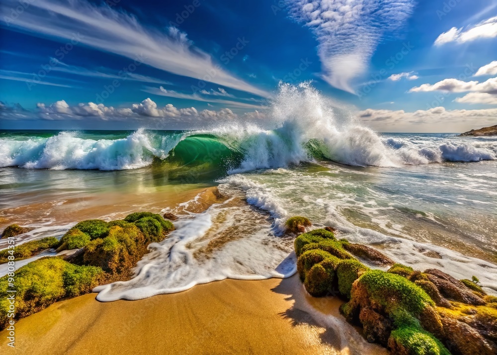 Foamy ocean waves crash against the sandy beach, revealing a powerful ...