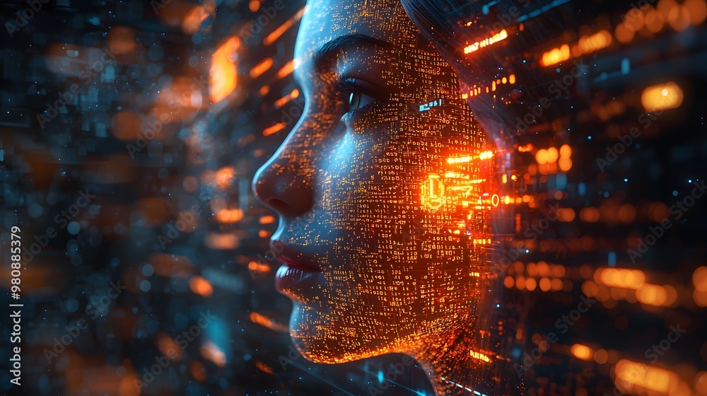 Mind-hacking conceptual scene in 3D, showing a hacker at work on a ...