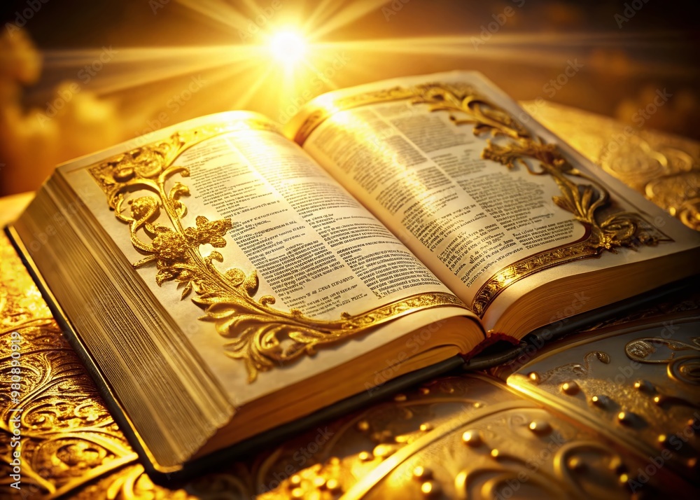 Golden illuminated Bible with ornate filigree and intricate scrollwork ...