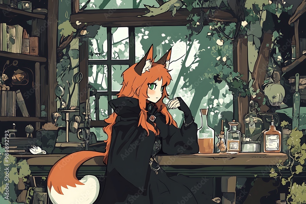 Anime girl with fox tail in a fantasy potion shop. Stock Illustration ...