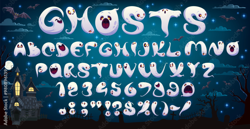 Cartoon spooky Halloween ghosts font or scary typeface and horror evil ...