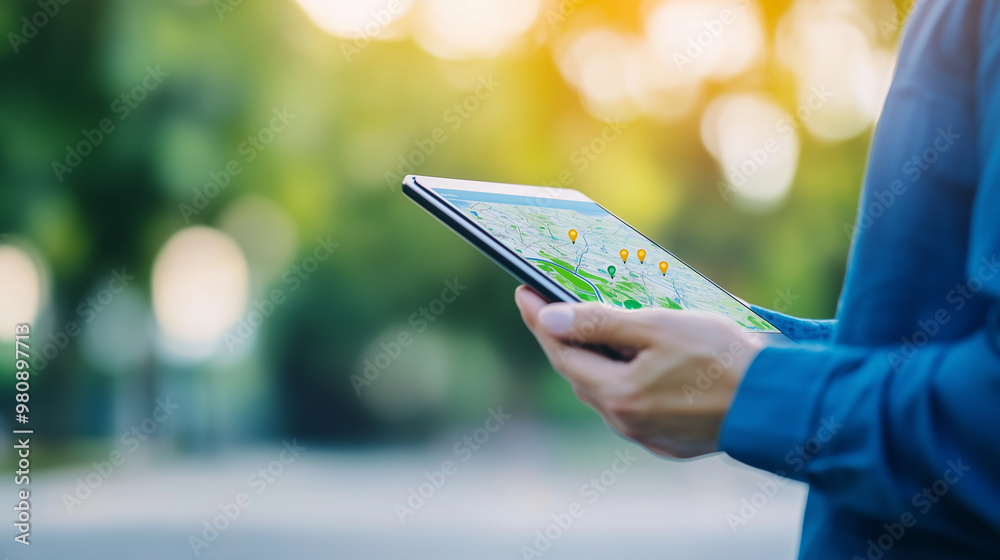 A person holding a tablet, searching for a location on an online GPS ...