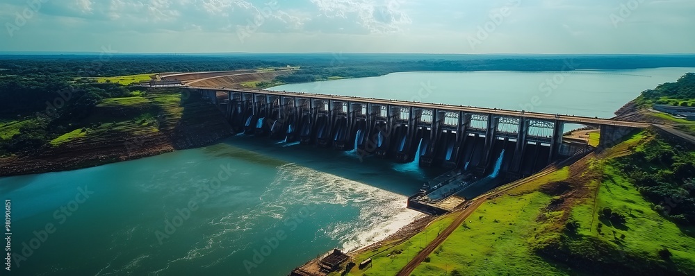 A peaceful scene of Itaipu Dam, one of the largest hydroelectric dams ...