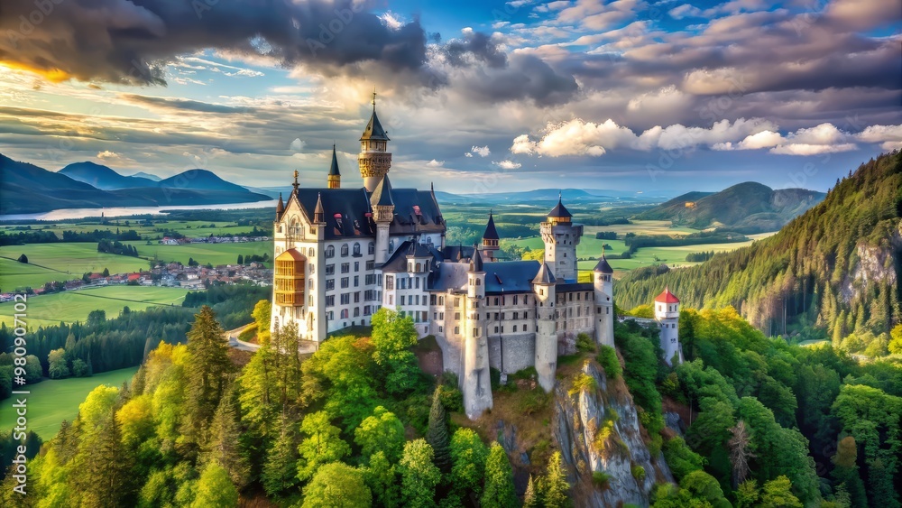 Perched upon a hill, a medieval Bavarian castle rises majestically, its ...