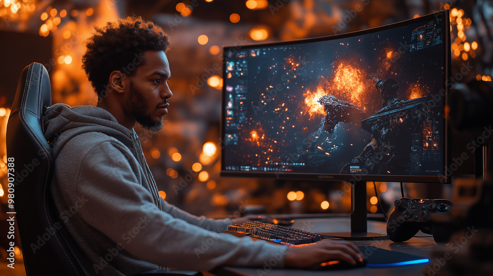 Gamer Focused on the Action: A young man with a determined expression ...