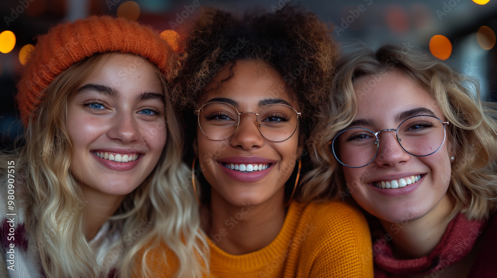 Smiling Friends: Three young women, diverse in appearance, beam with ...