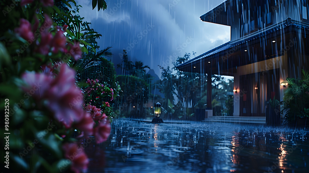 Thunderstorm and heavy rain falling on home or house building ...