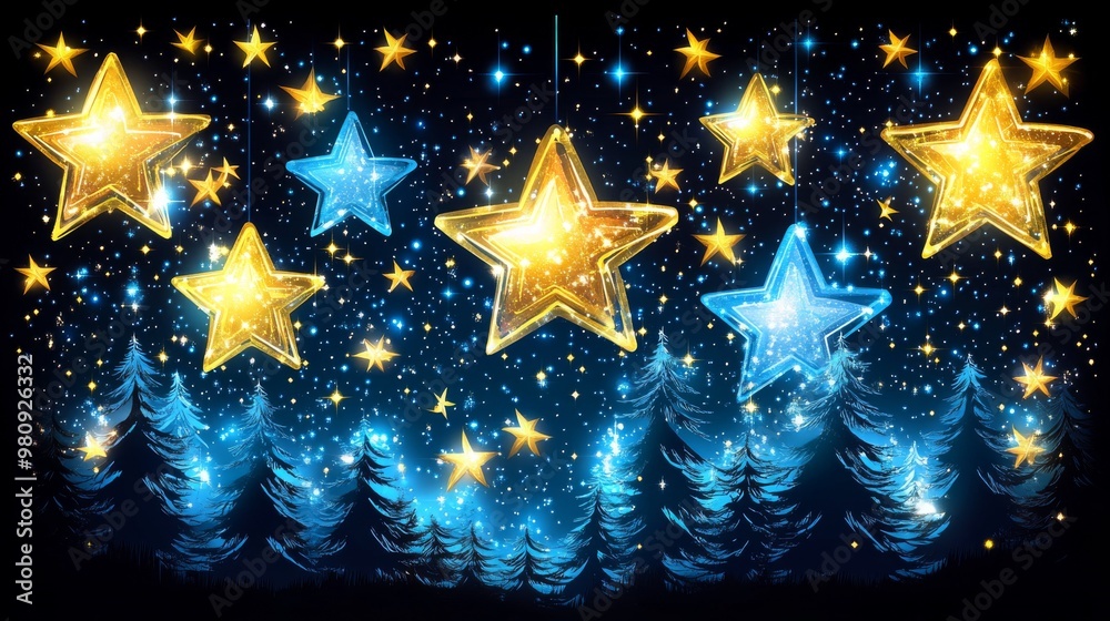 Twinkling golden and blue stars hang enchantingly over a forest of ...