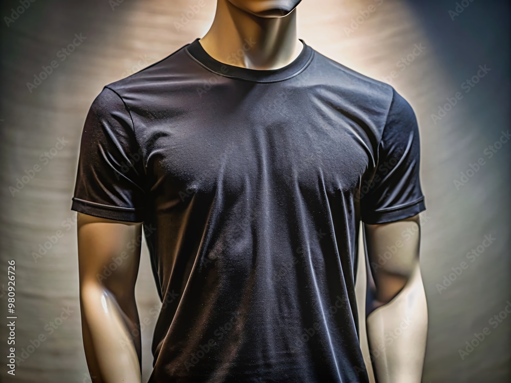 A plain, high-quality photo of a black crew neck t-shirt on a realistic ...