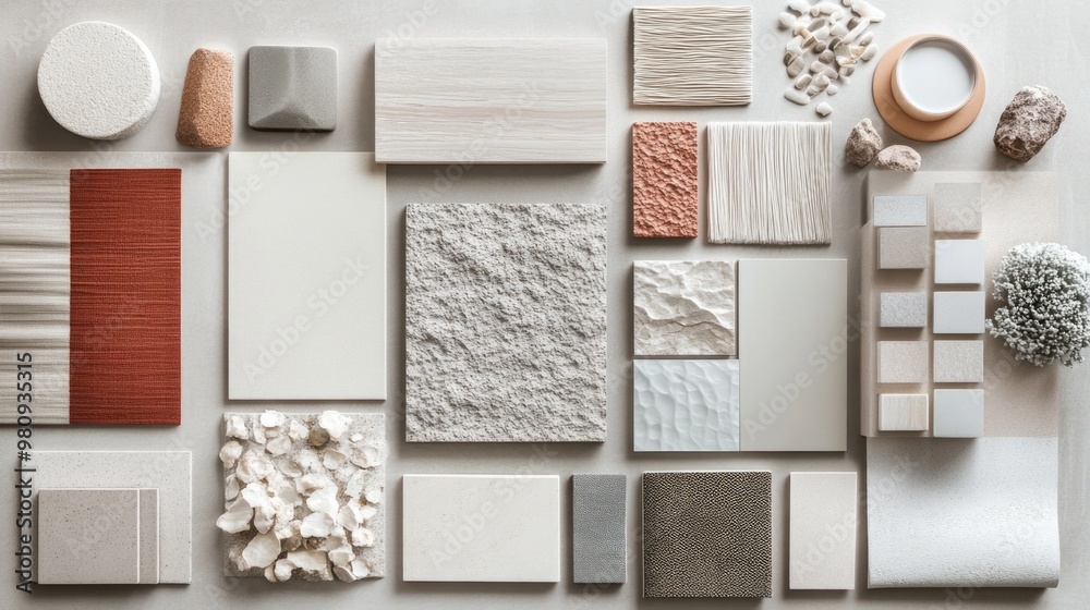Idea flat lay composition in snowbound, stucco, rocky river, nutshell ...
